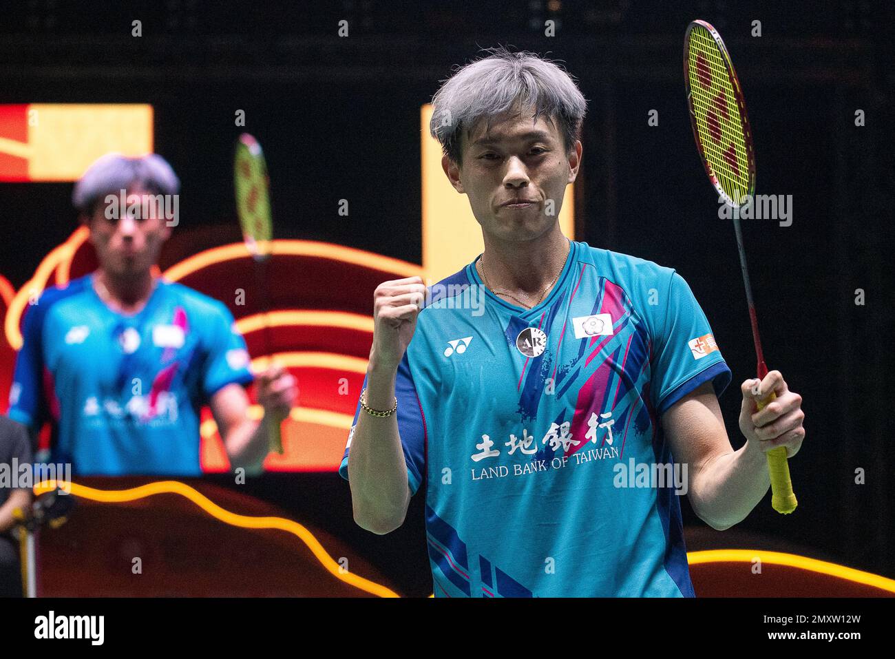 Lin Chun Yi of Chinese Taipei celebrates after a win over Shi Yu Qi of ...
