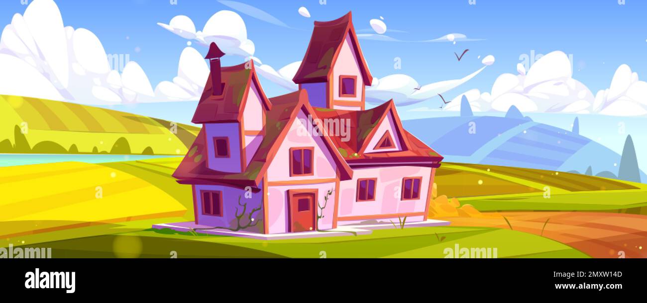 Summer countryside with house, farm buildings, yellow green field under ...