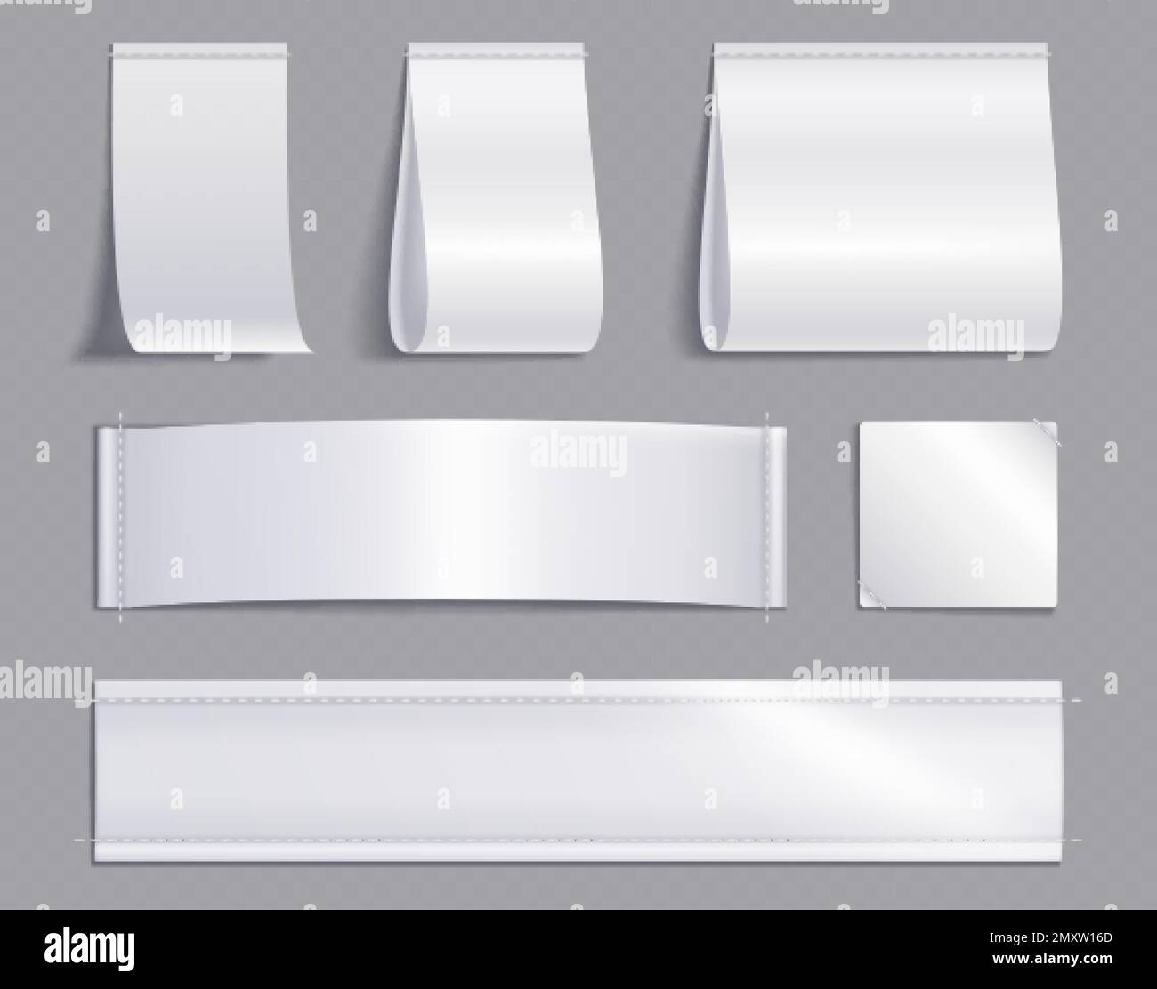 Blank clothes tags, fashion labels with seams. Empty white fabric ...