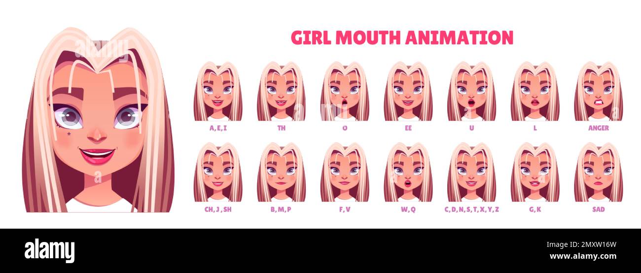 Blonde teen girl mouth animation set isolated on white background. Lip ...