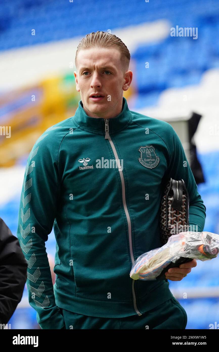 Everton's goalkeeper Jordan Pickford arrives on the pitch ahead of the ...