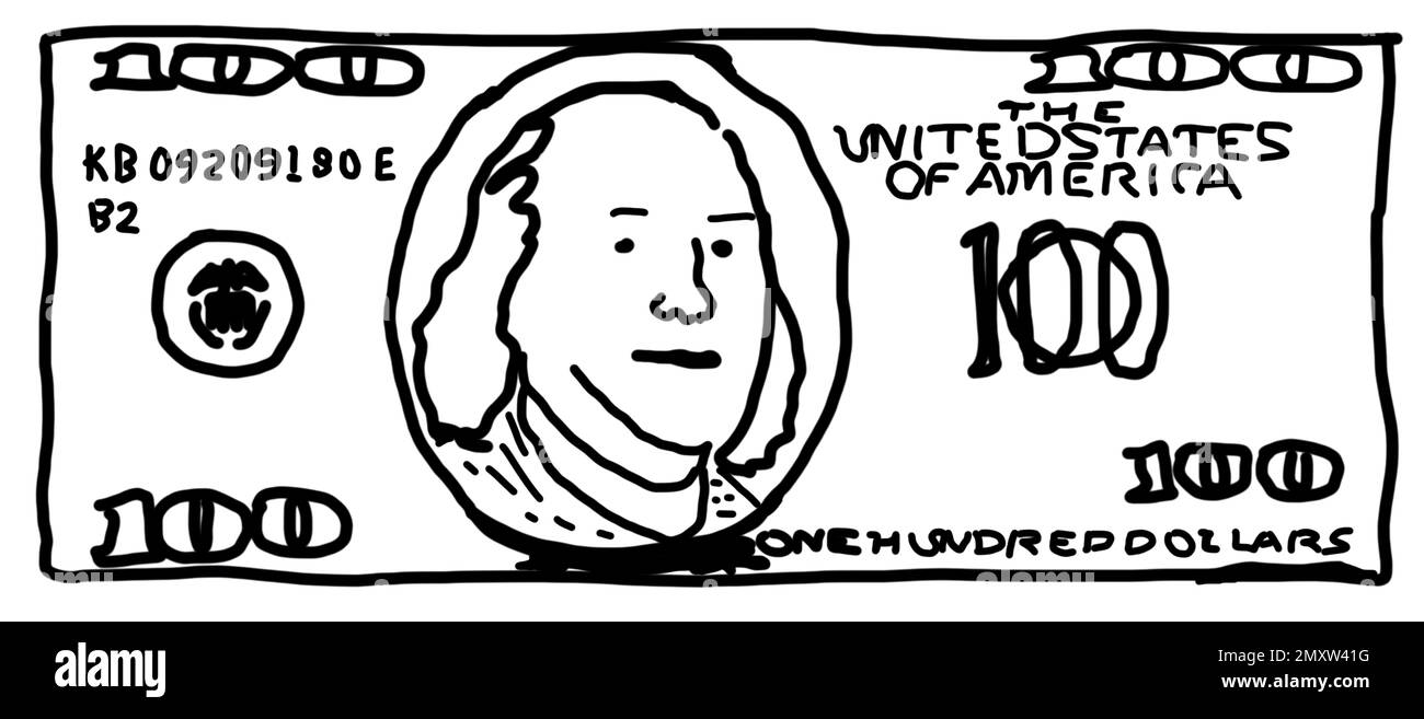 Cartoon hand drawn 100 dollar banknote for design purpose Stock Photo ...