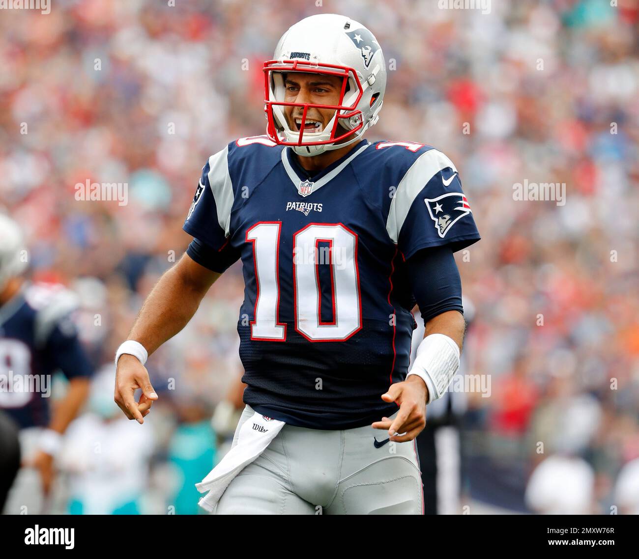 New England Patriots quarterback Jimmy Garoppolo celebrates a touchdown ...