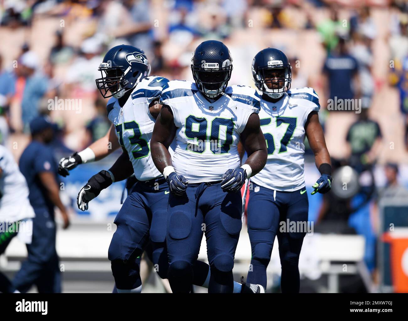 Seattle Seahawks defensive tackle Jarran Reed (90) warms up prior to an ...