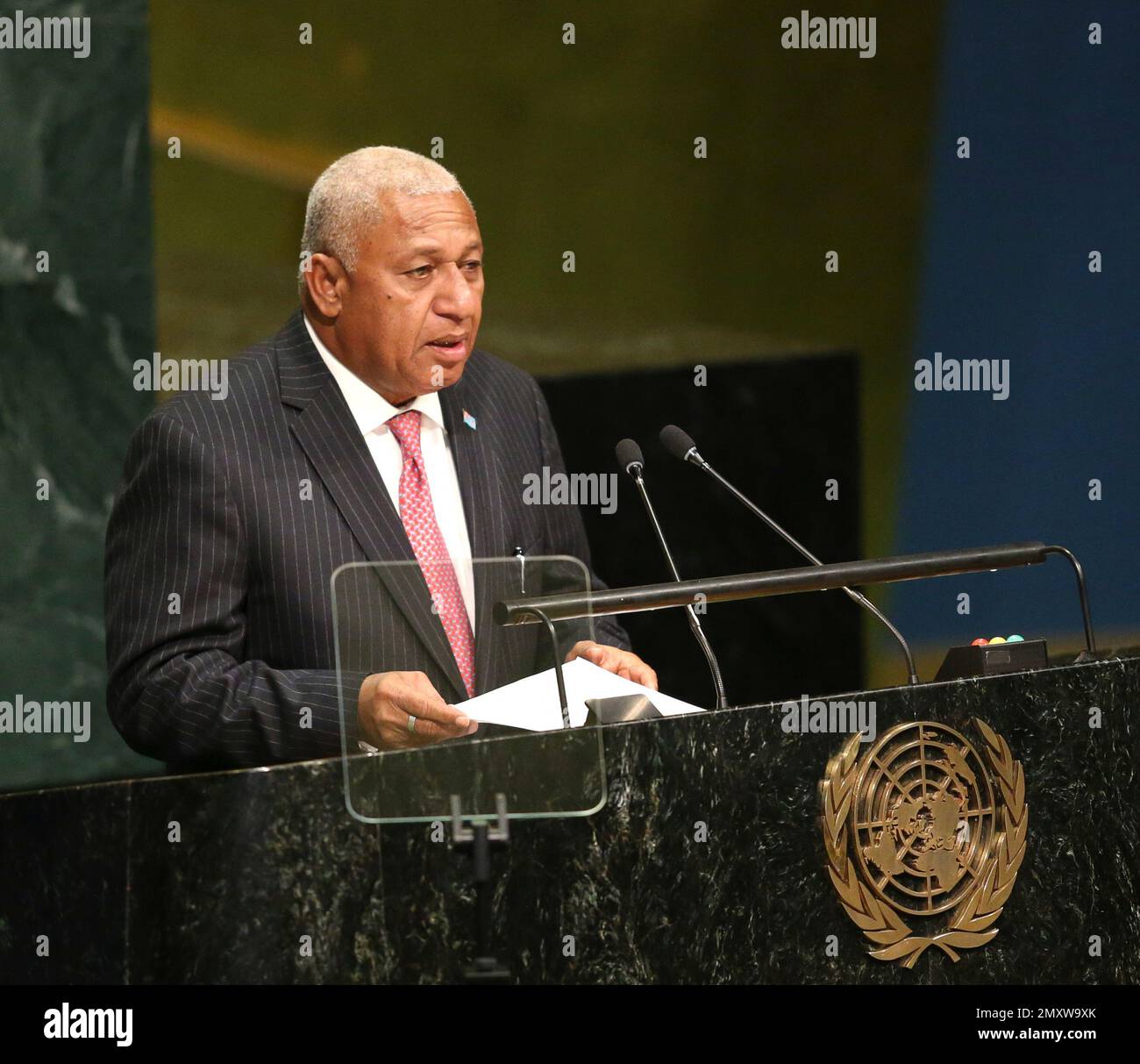 Frank Bainimarama, Prime Minister of Fiji, speaks during a ceremony to ...
