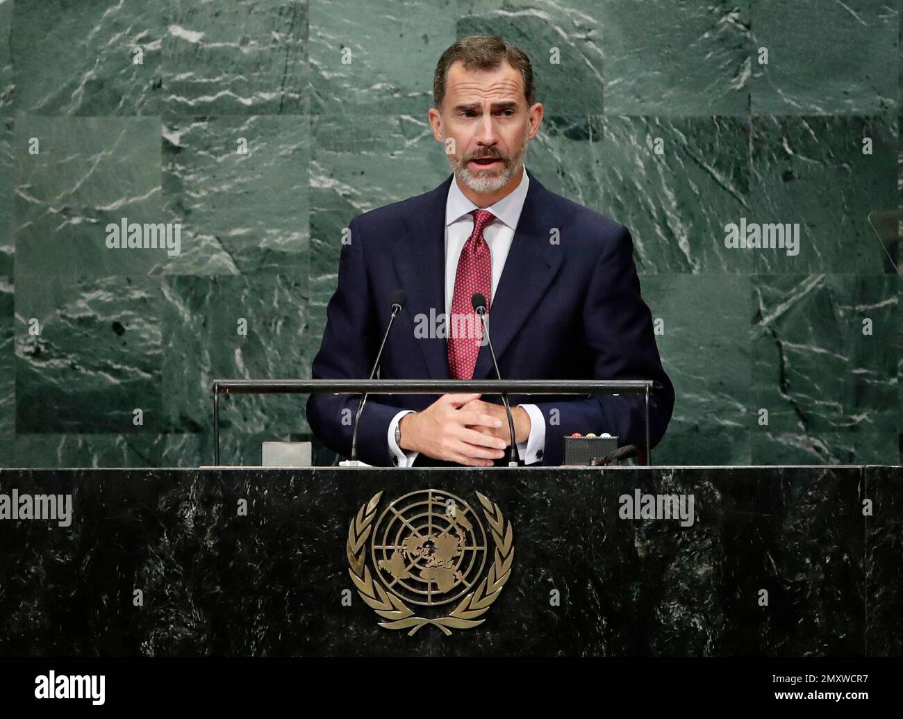 King Don Felipe VI , of Spain, speaks during the 71st session of the ...