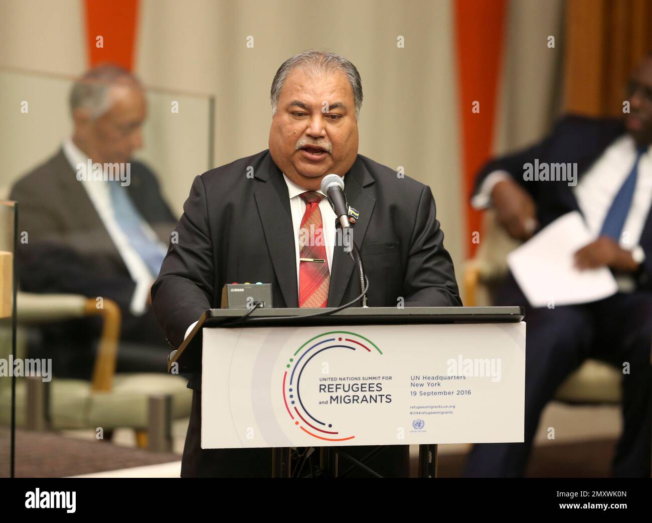 Baron Waqa, president of Nauru, speaks during the Summit for Refugees ...