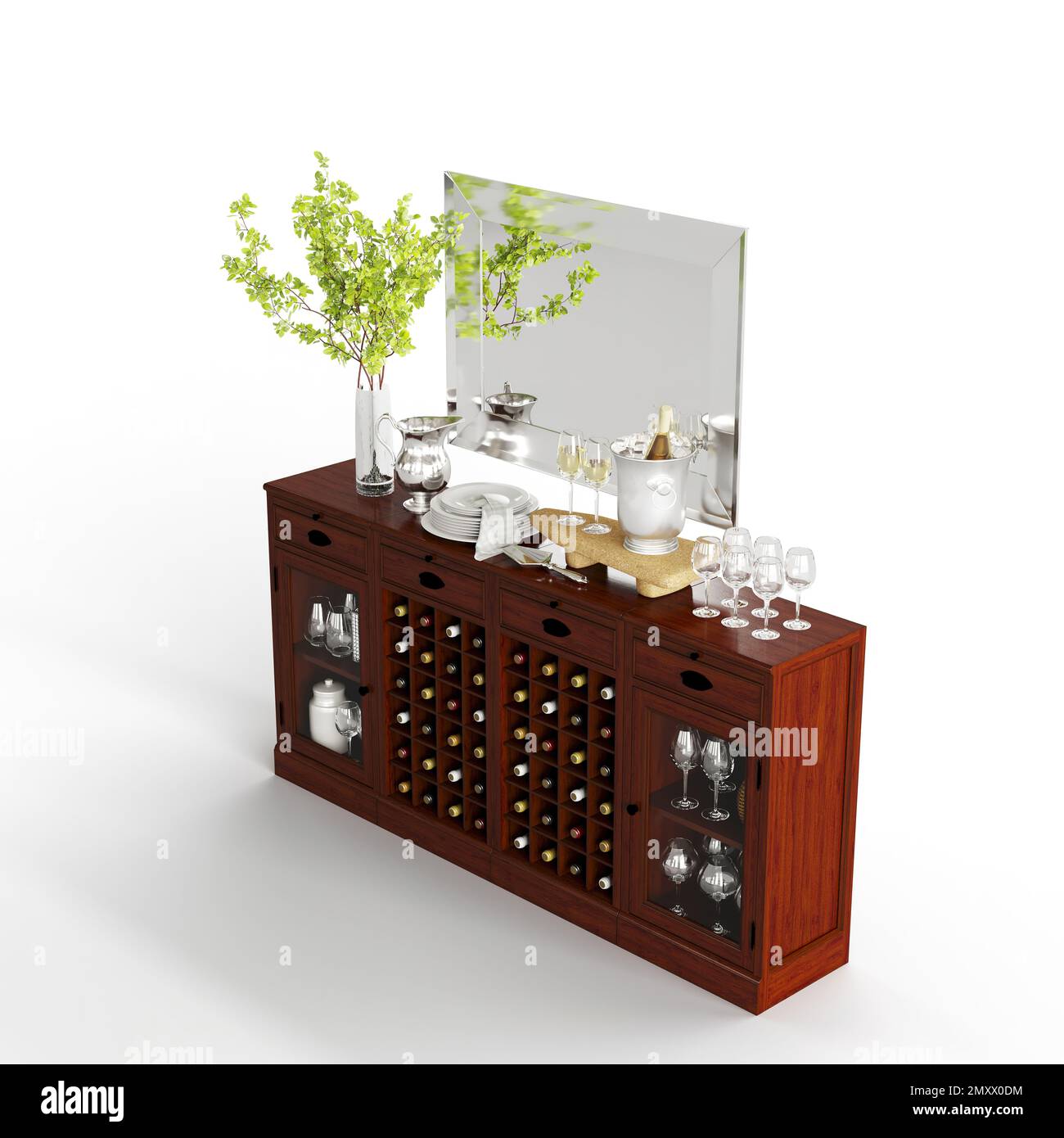 A 3d rendering of a modern buffet table with glasses, plates and bottle ...