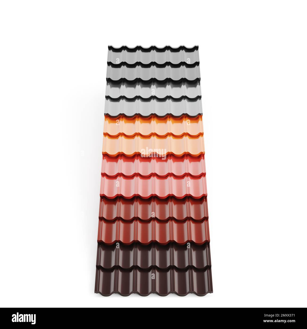 A 3D rendering of multi-colored metal roof tiles isolated on white ...