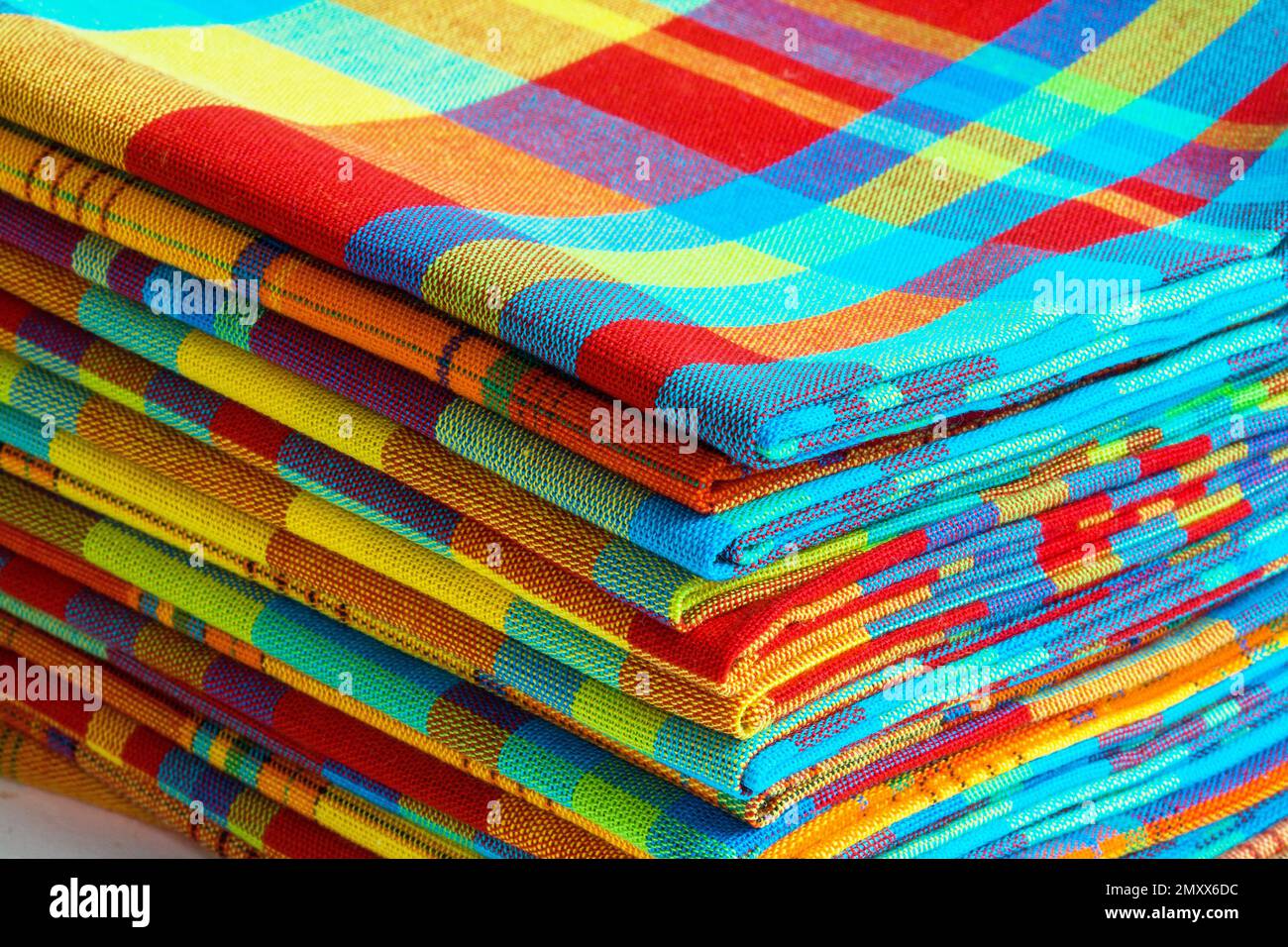 Folded and stacked madras tablecloths, tradition of the West Indies ...