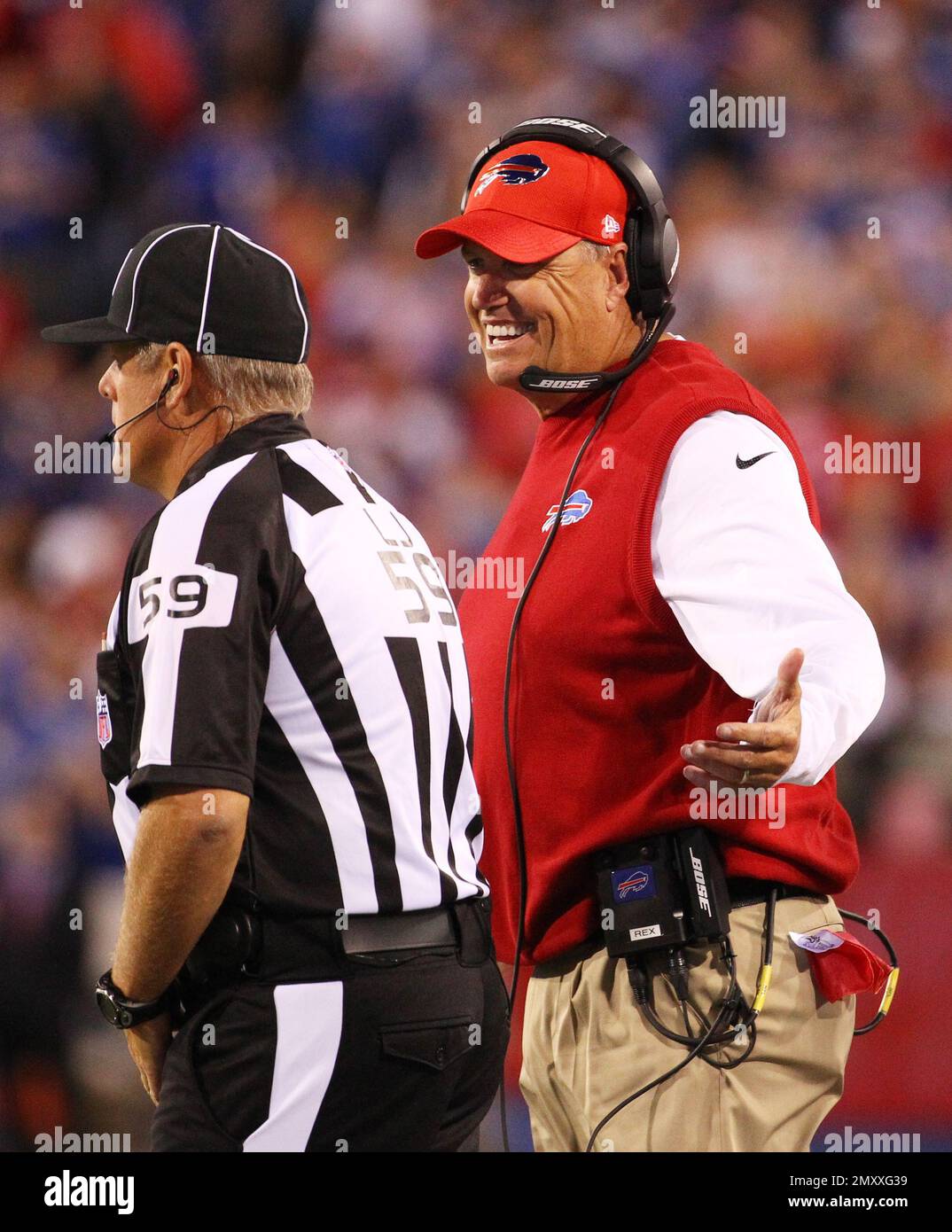 Buffalo Bills head coach Rex Ryan talks to official Rusty Baynes (59 ...