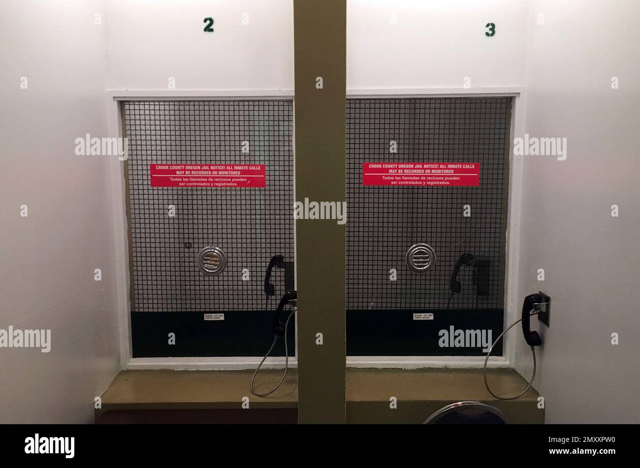 This July 1, 2016 photo shows visiting room booths at the Crook County ...