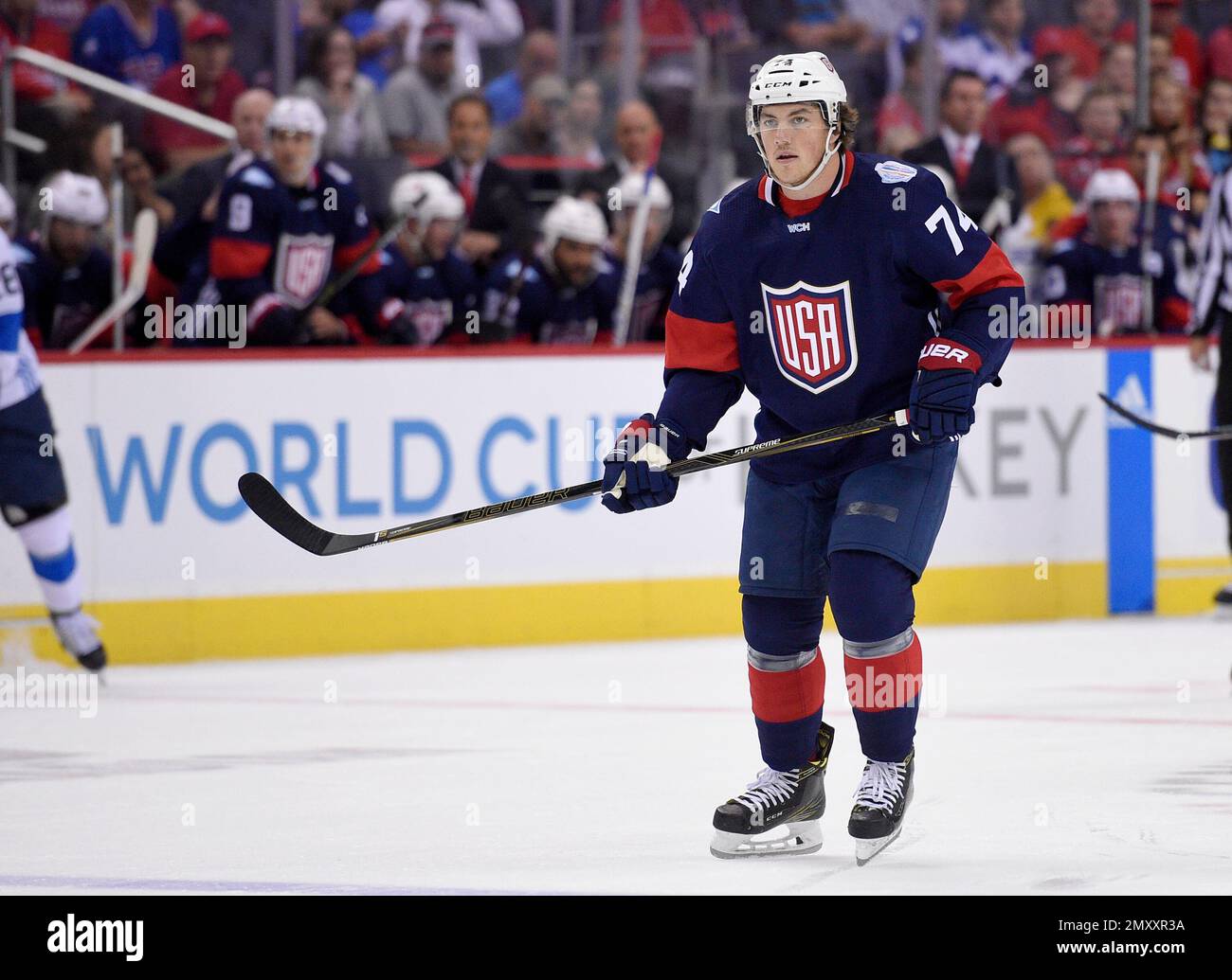 United States forward T.J. Oshie (74) looks on against Finland during ...