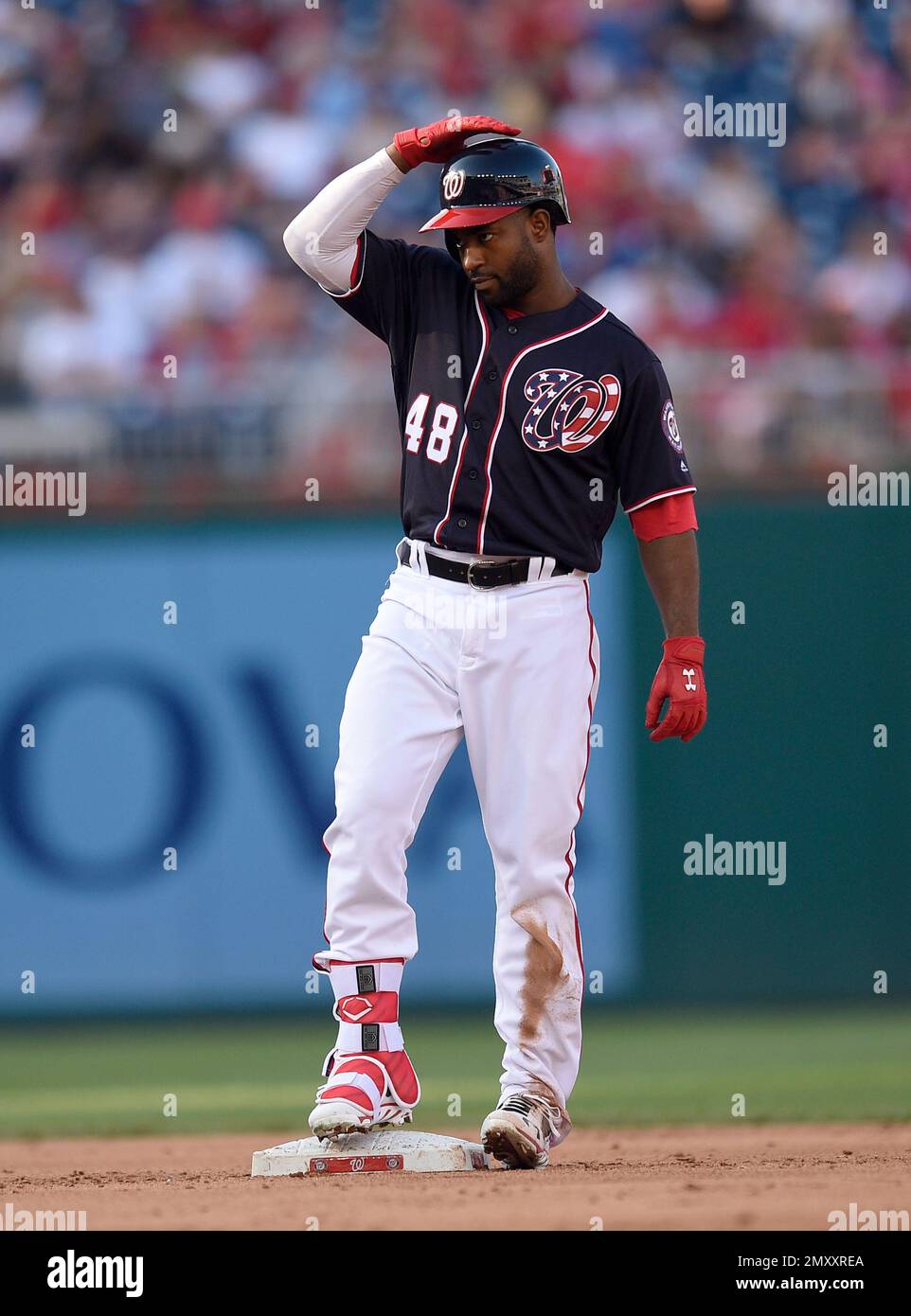 Washington Nationals' Brian Goodwin stands on second during a baseball ...