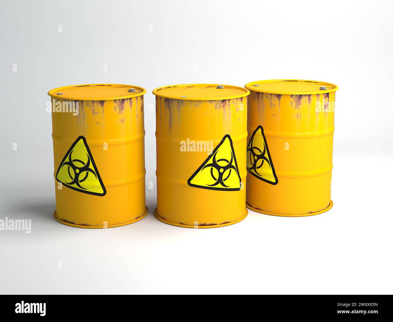 three yellow rusty barrels with a radiation hazard sign 3D render Stock ...
