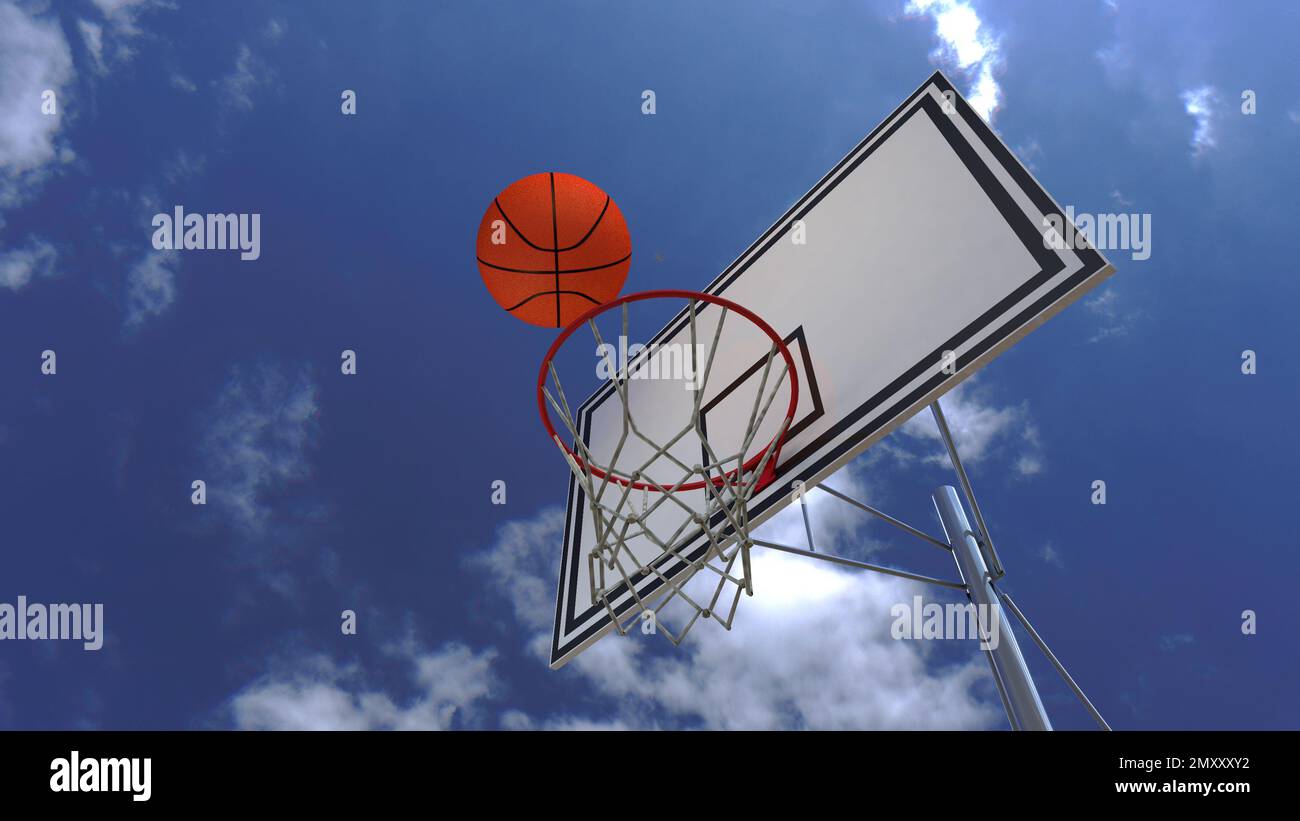 basketball ball hits the basketball net on the sky background 3D render ...