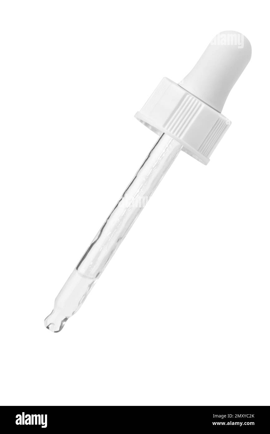 Cosmetic pipette with a white cap at an angle with dripping and flowing ...