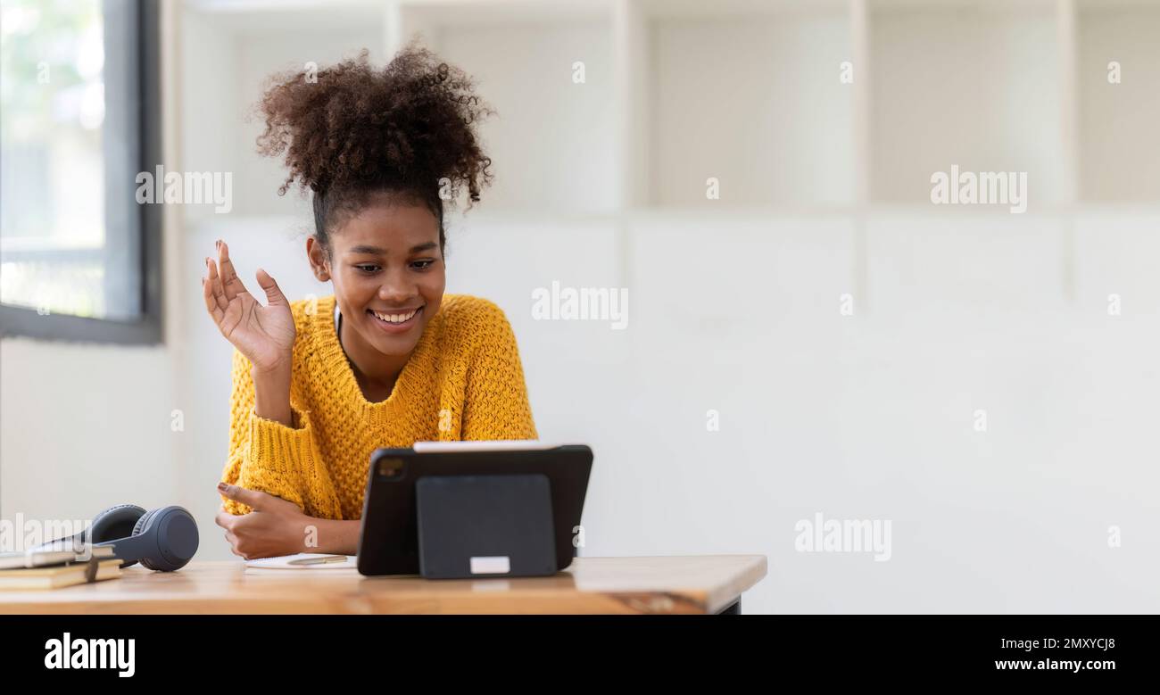 Black girl student online learning class study online video call ...