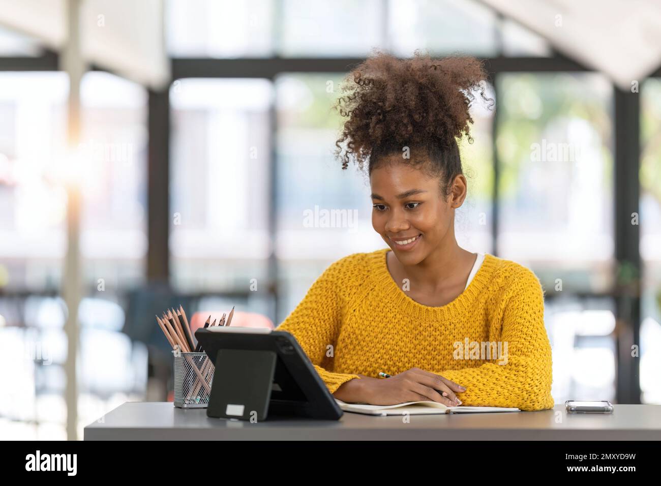 Black girl student online learning class study online video call ...