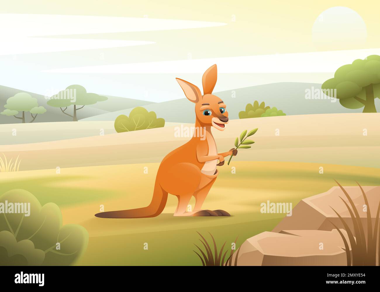 Cartoon plain landscape with cute happy little kangaroo holding green twig vector illustration ...