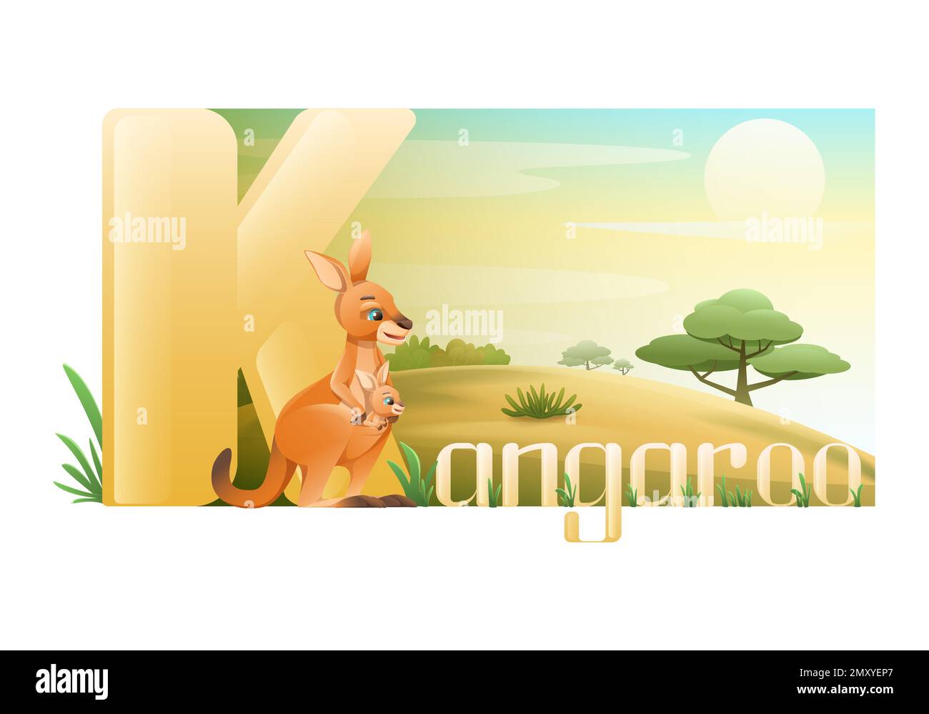 Cute mother kangaroo with baby in pouch on background with plain landscape cartoon vector ...