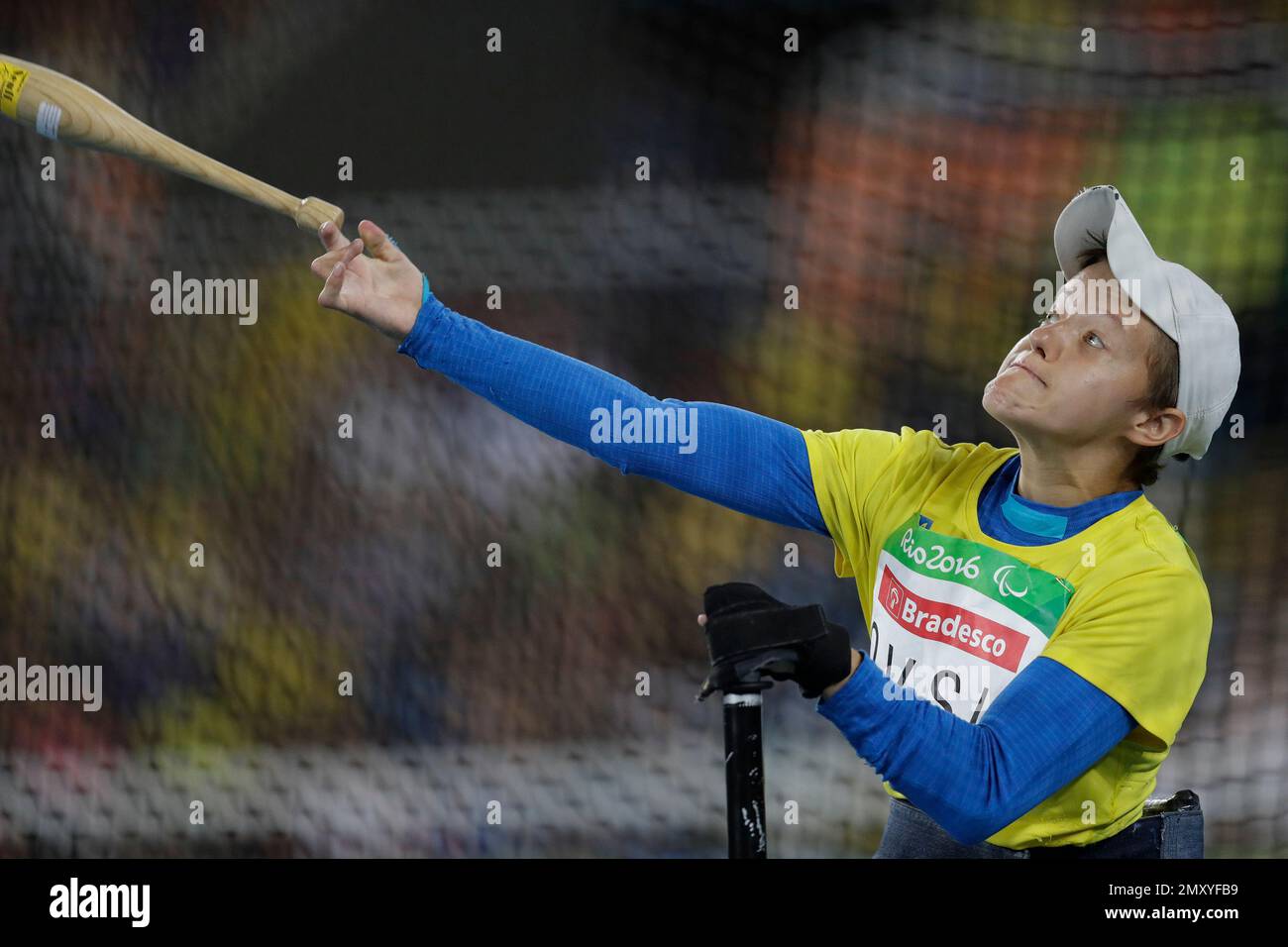 Zoia Ovsii from Ukraine competes in the women's club throw F51 final ...
