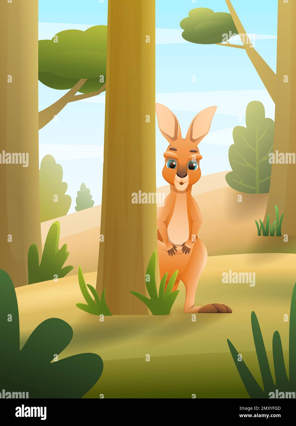 Cute curious kangaroo looking out from behind tree in forest cartoon ...