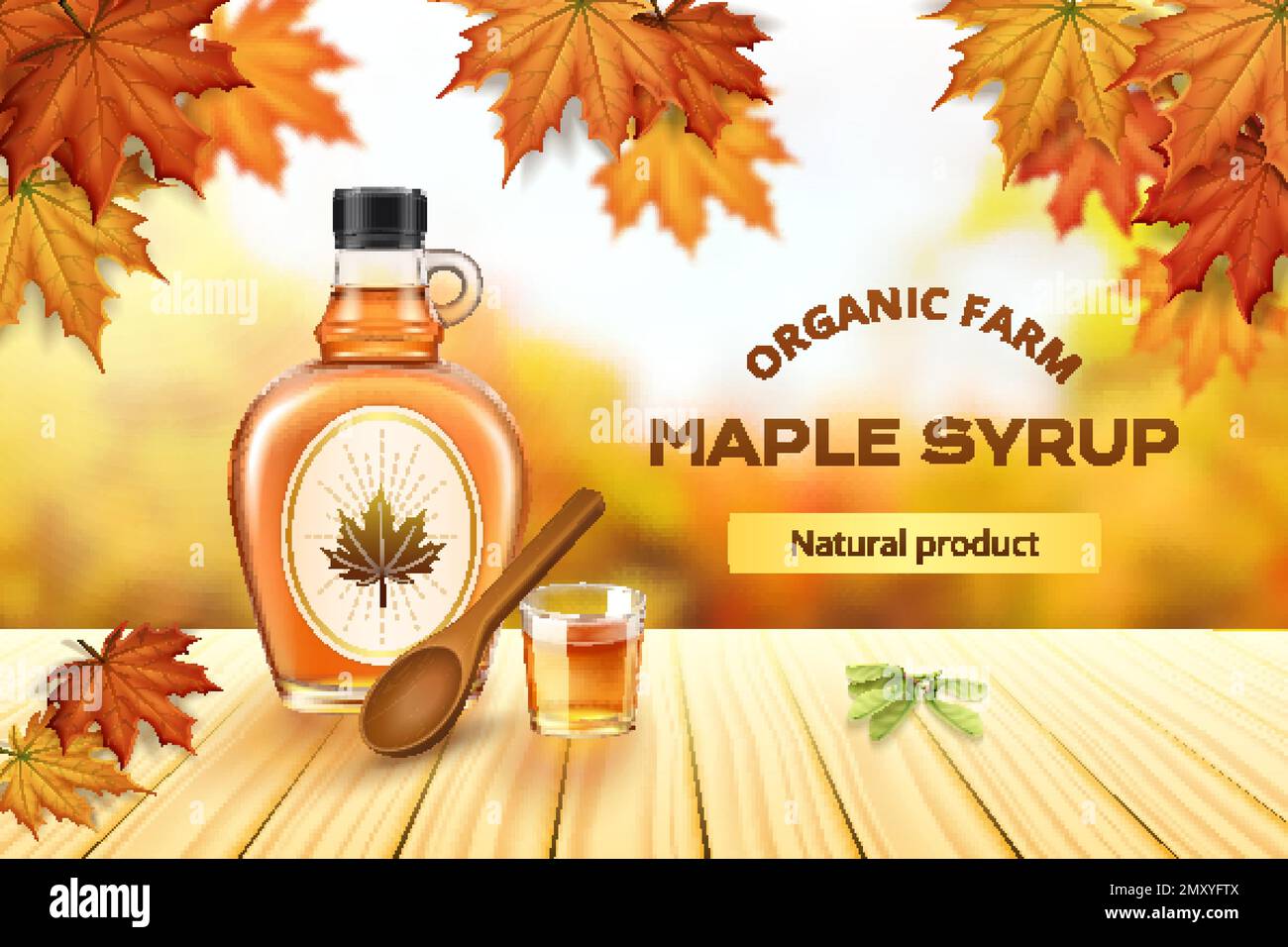 Natural maple syrup realistic composition with bottle glass and spoon ...