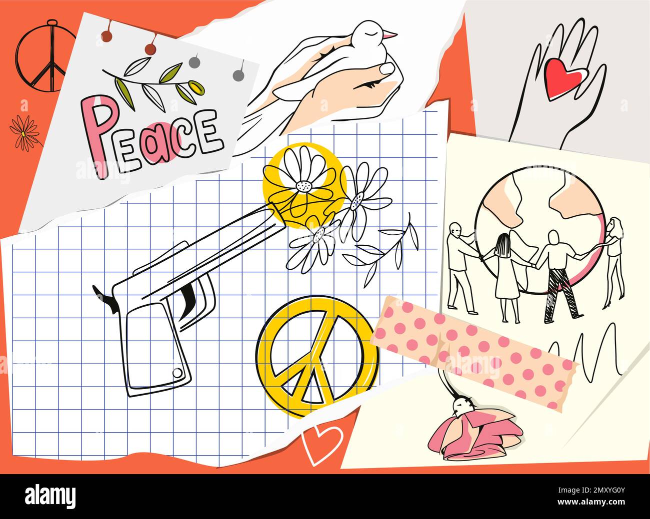 Peace flat hand drawn collage with pigeon in human hands and flower ...
