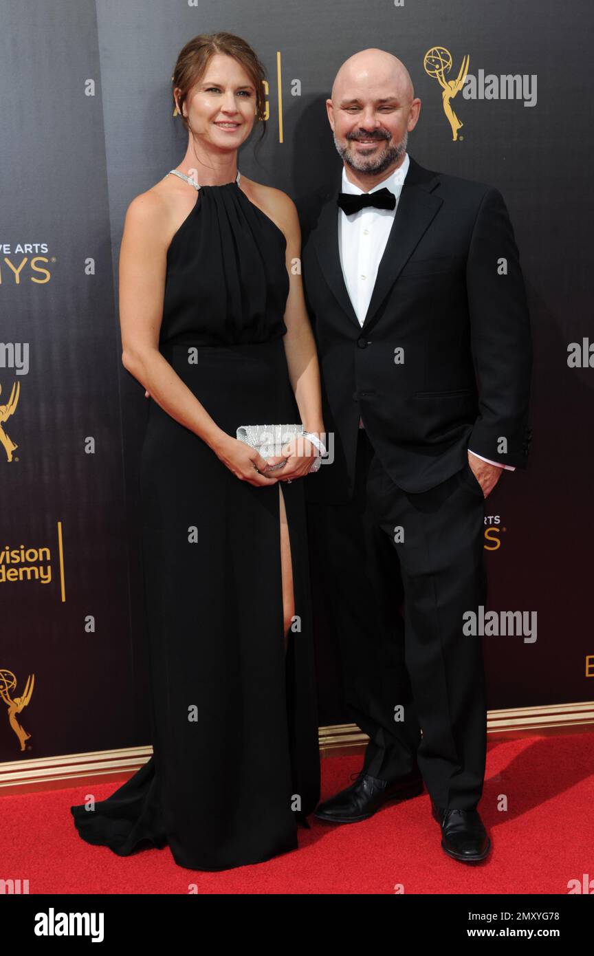 David Wiener, right, and guest arrive at night two of the Creative Arts ...