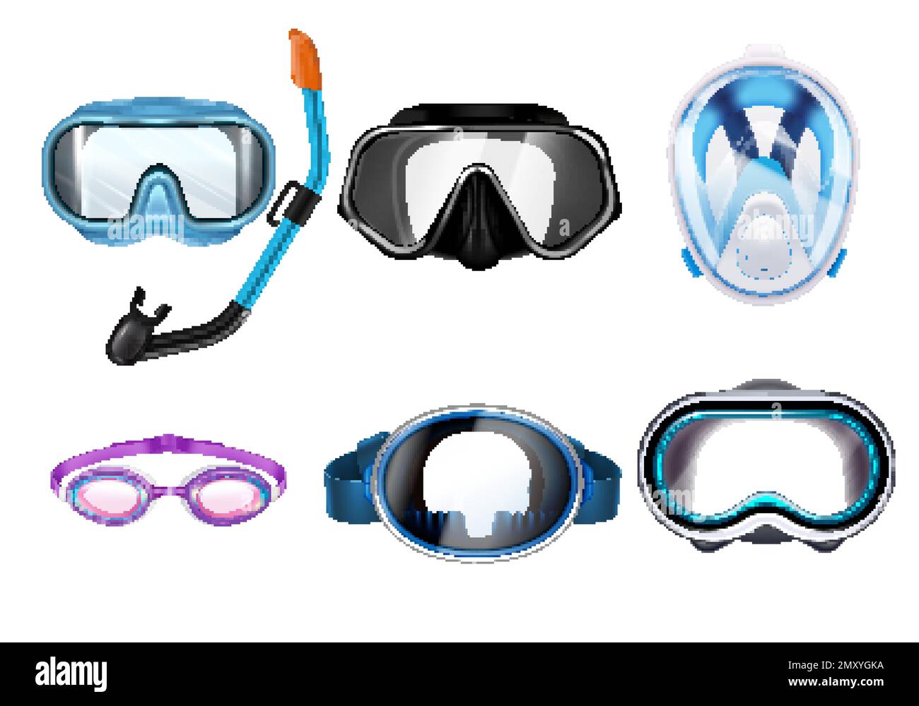 Set of diving snorkelling masks in different colours isolated on white ...