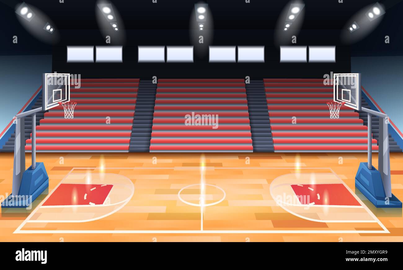 Cartoon design of modern indoor basketball court illuminated with ...