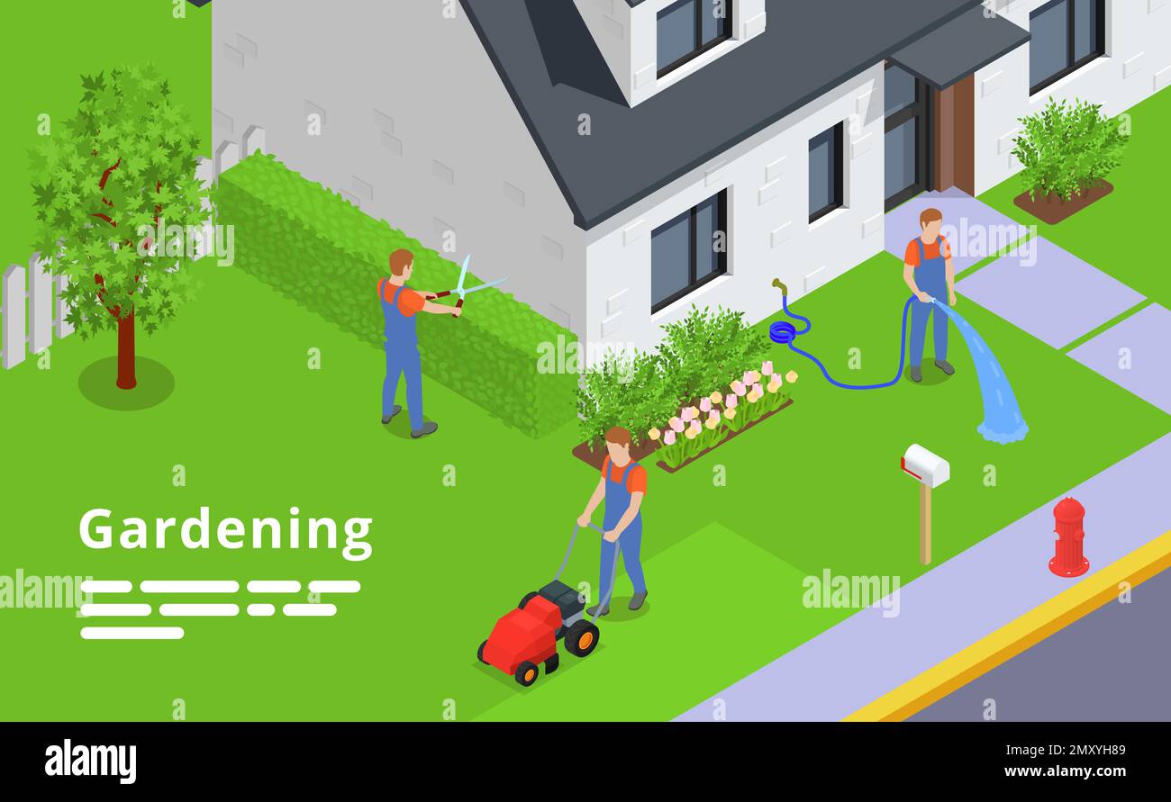 Gardening isometric background with professional gardeners working on ...