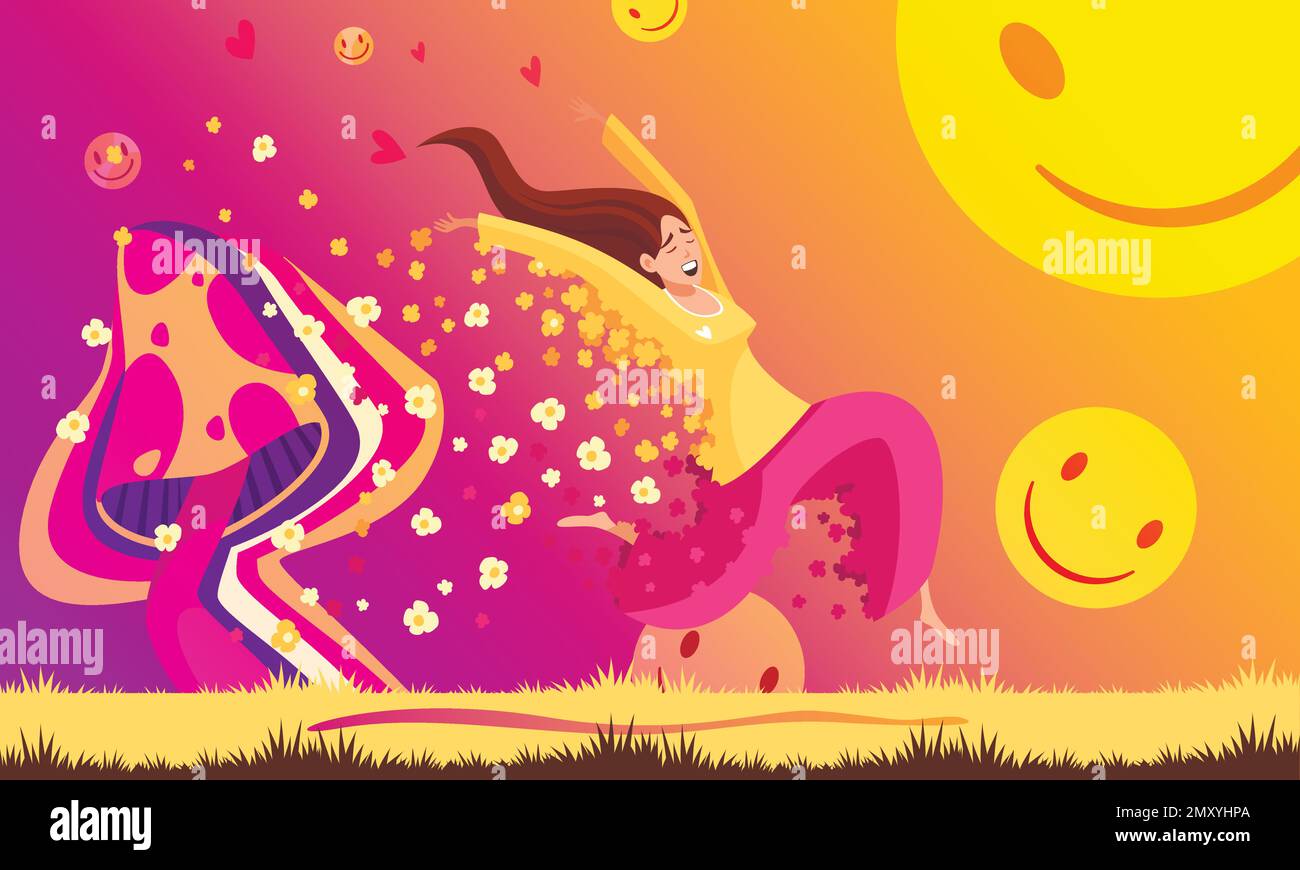 Psychedelic bright colored background with hovering female character ...