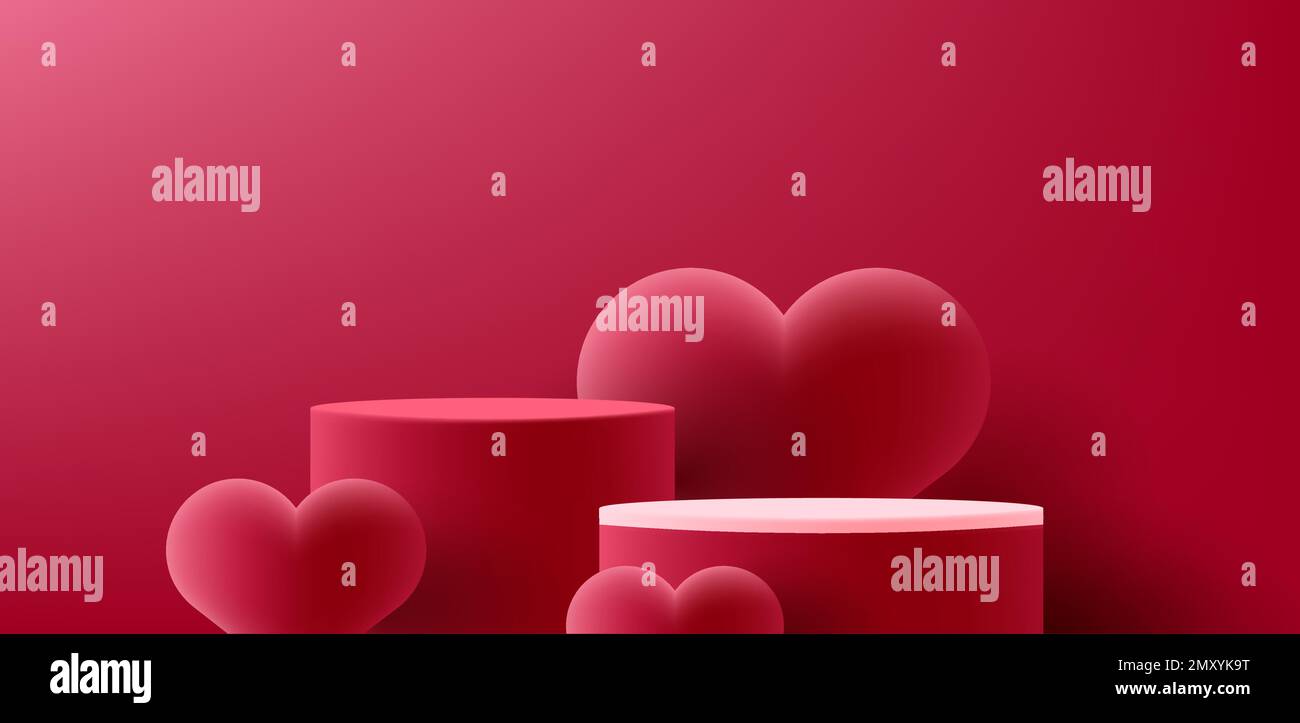 Red 3D cylinder stand podium with withvolume big hearts. Valentine ...