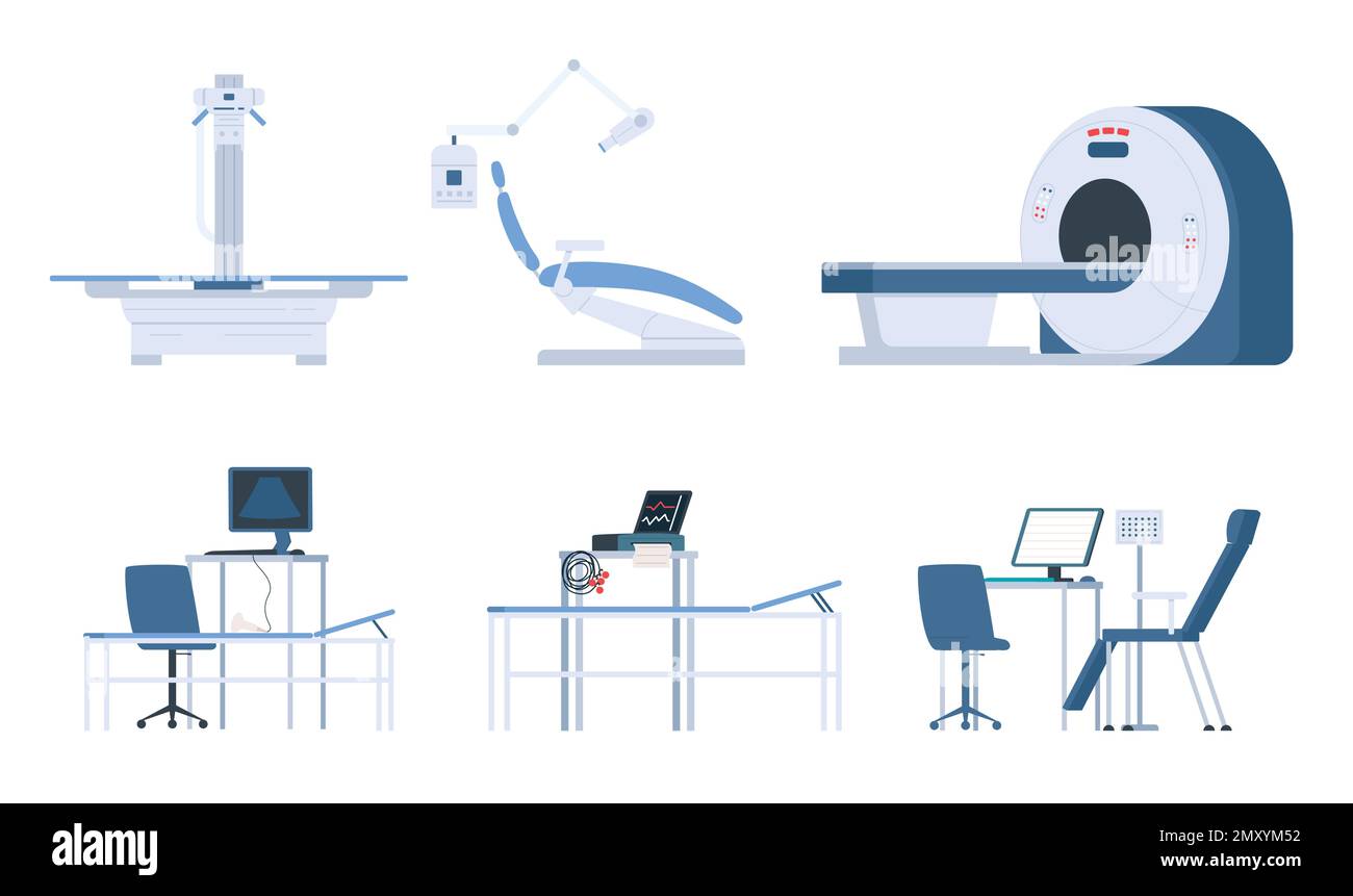 Medical diagnosis equipment flat icon set diagnostic medical devices ct mri ultrasound ecg ...