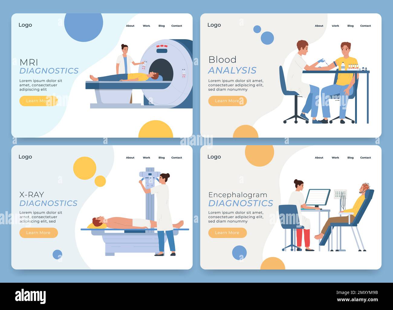 Medical diagnosis equipment flat web sites banner set with mri xray and ...