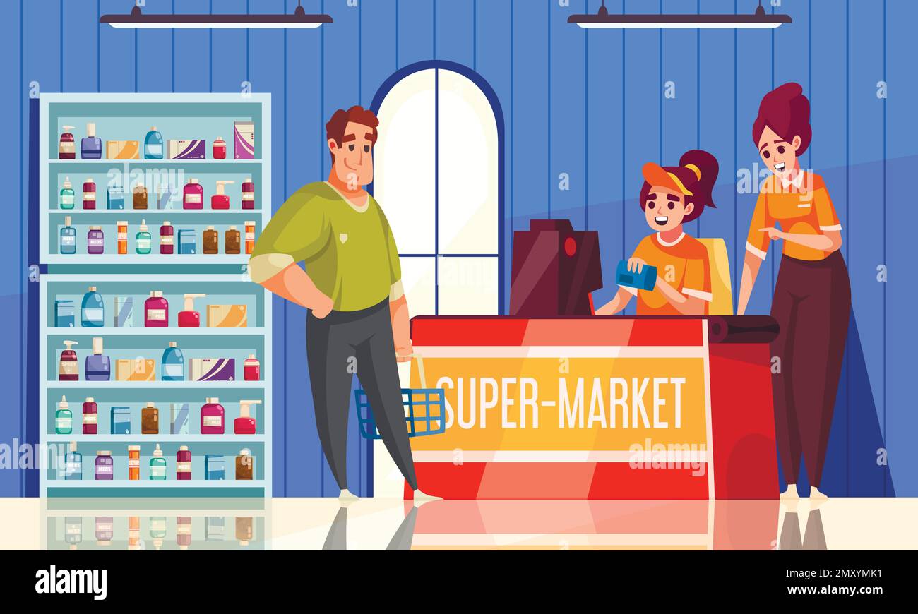 Teenager first job composition with young girl working in supermarket ...