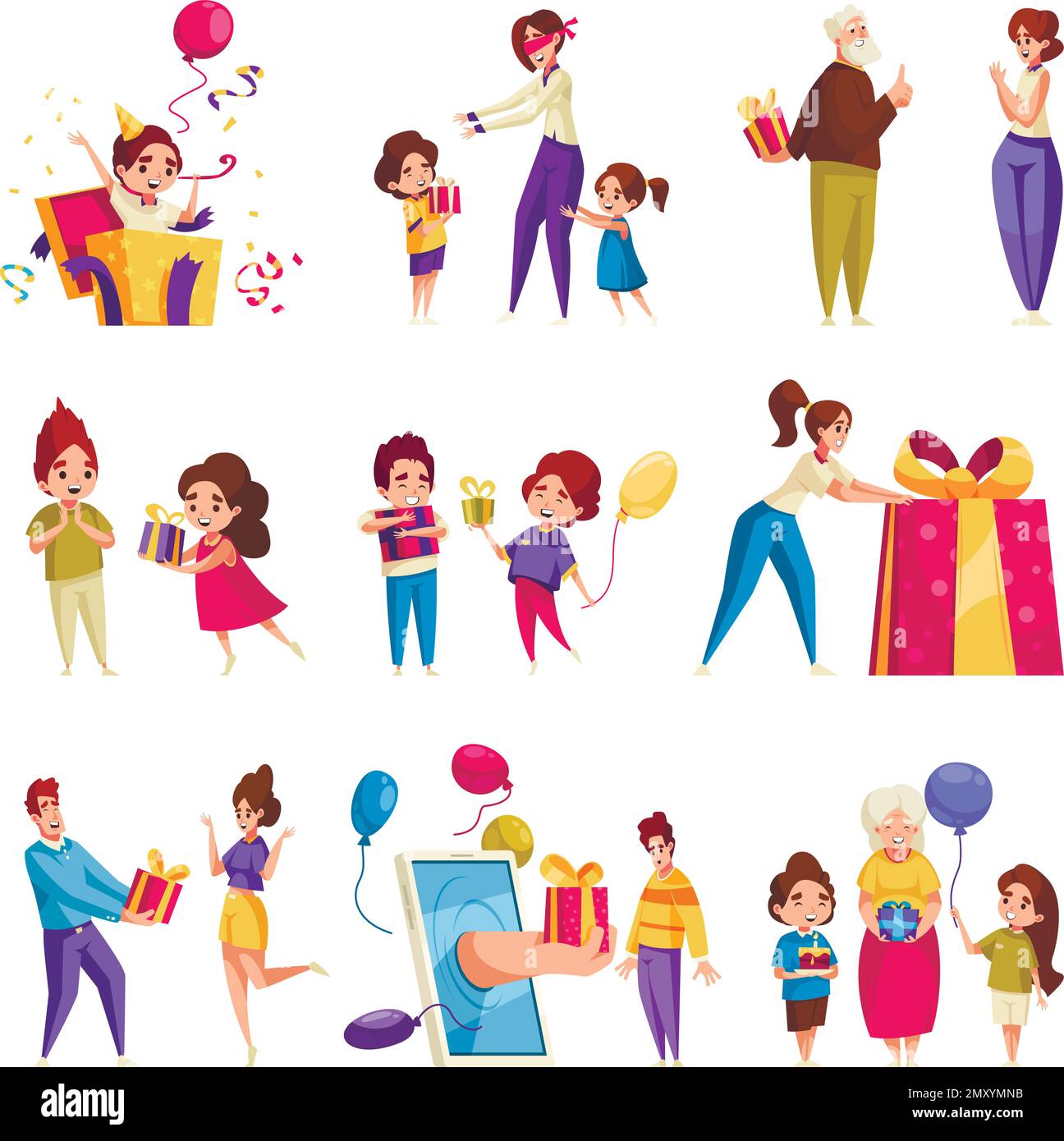 Holiday celebration cartoon icons set with people giving presents ...
