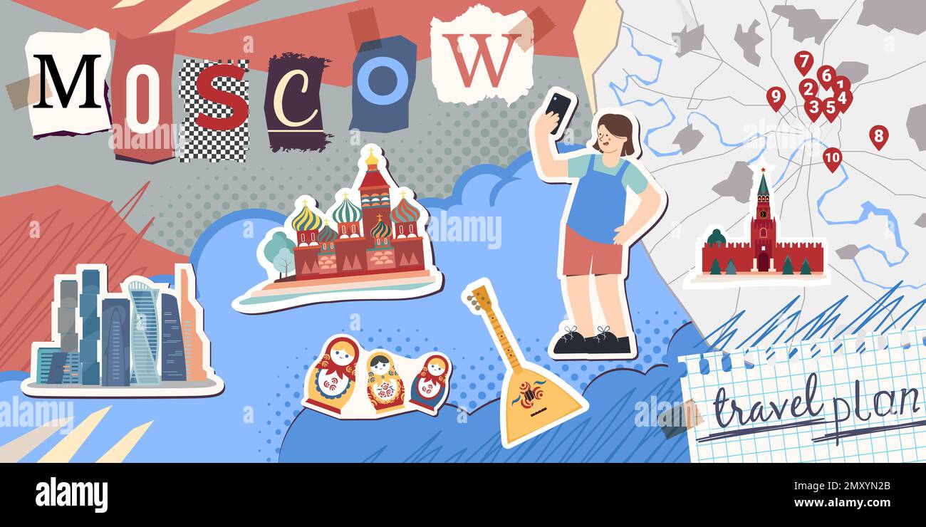 Moscow map composition with pop art style collage of flat stickers with ...