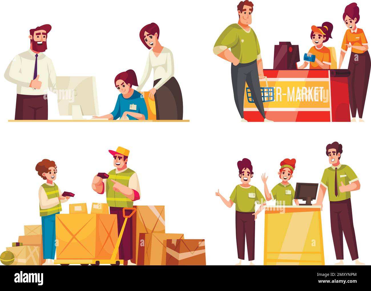 Teenager work compositions set with personal assistant cashier and ...