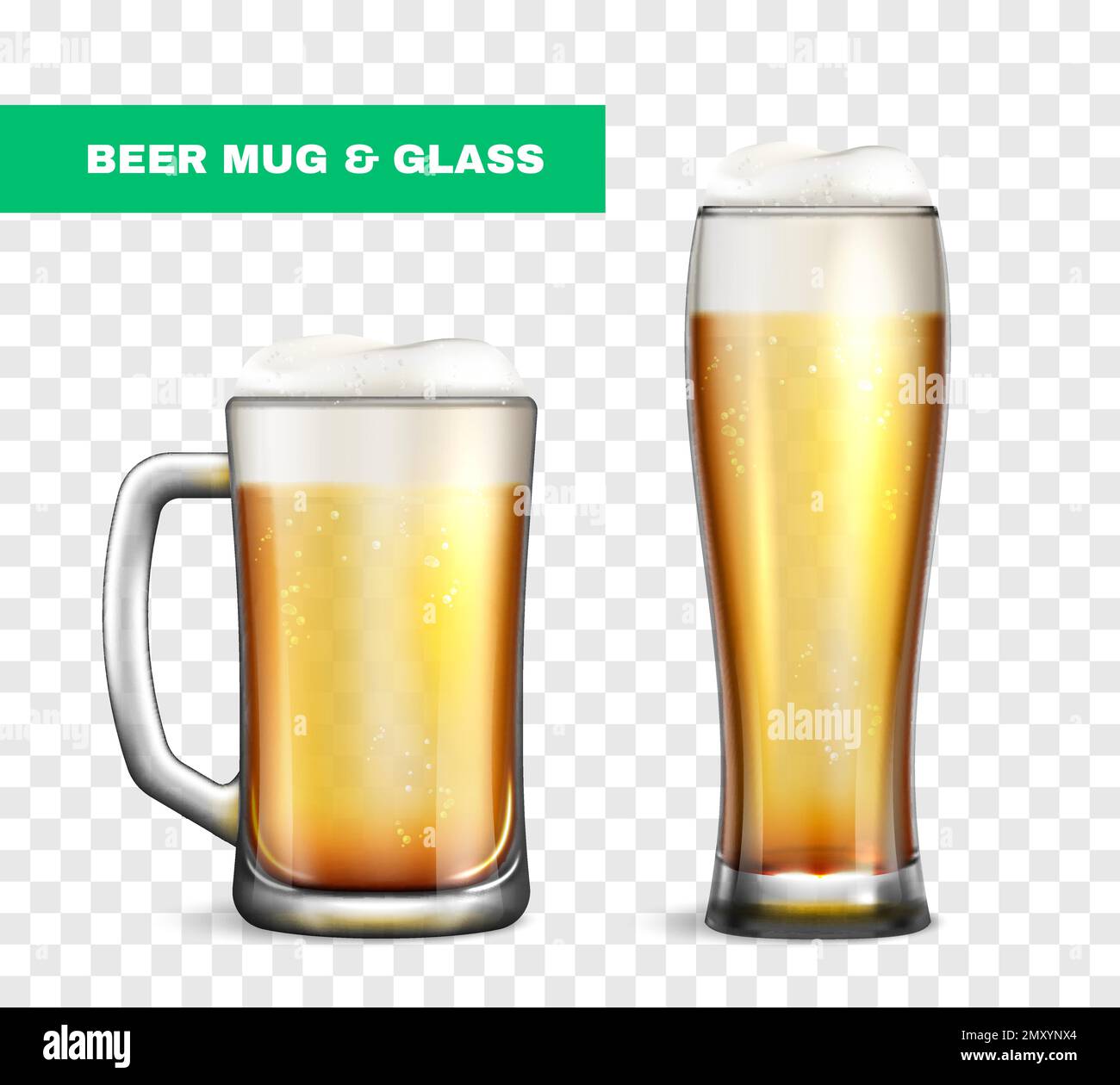 Realistic Beer Mug Glass Icon Set Two Different Glasses With And Without A Handle And Filled
