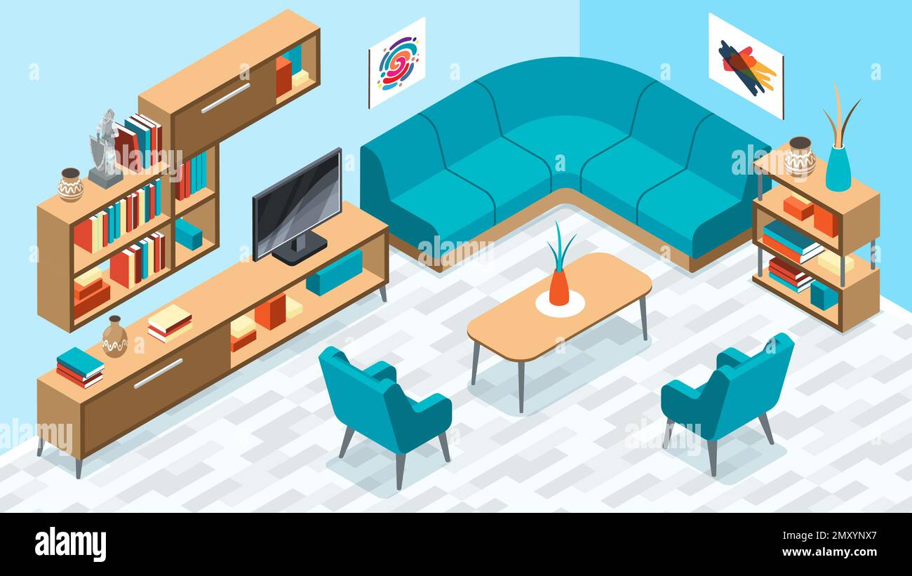 Isometric interior composition with indoor scenery of living room with ...