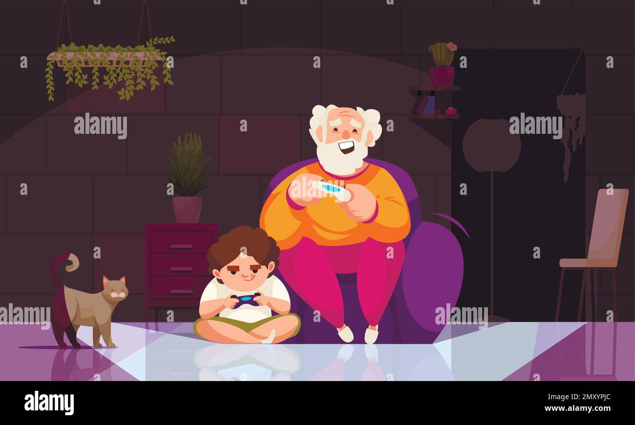 Grandfather playing video games with grandson indoors cartoon vector ...