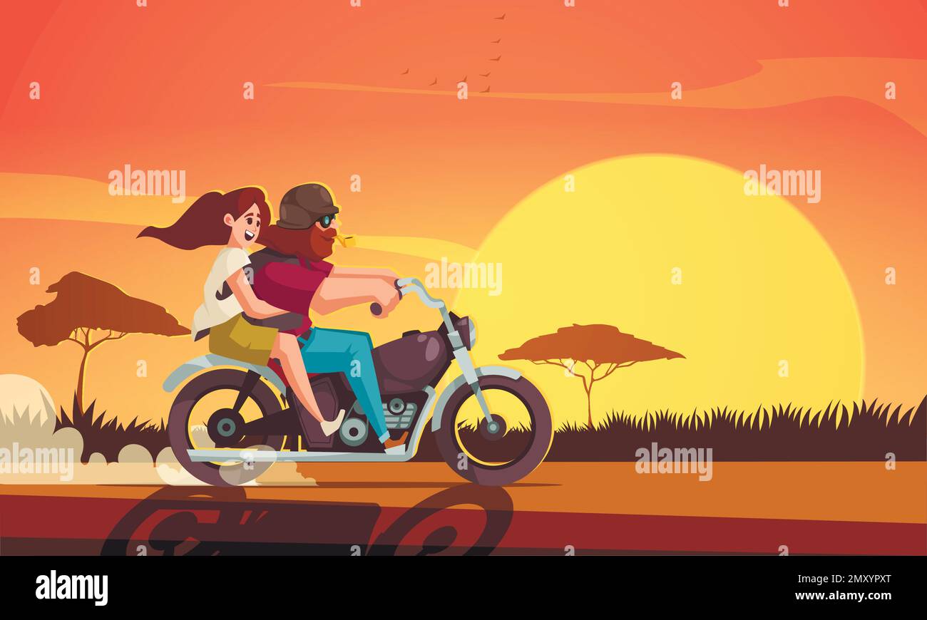 Bearded biker and happy girl riding a motorbike on sunset cartoon ...
