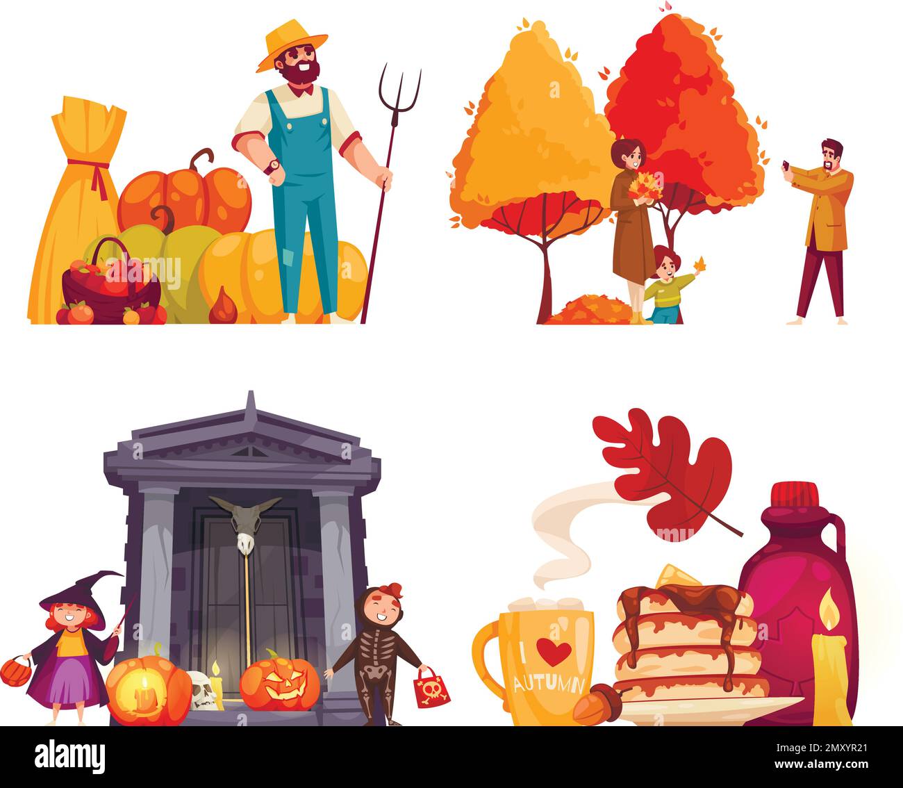 Fall cartoon set with autumn symbols and holidays isolated vector ...