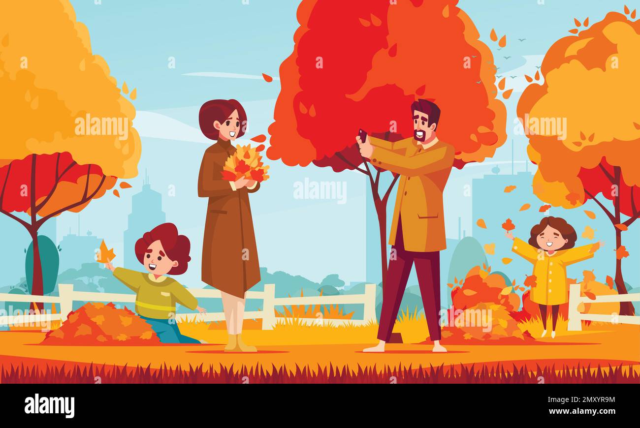 Autumn cartoon poster with happy family in public park vector ...