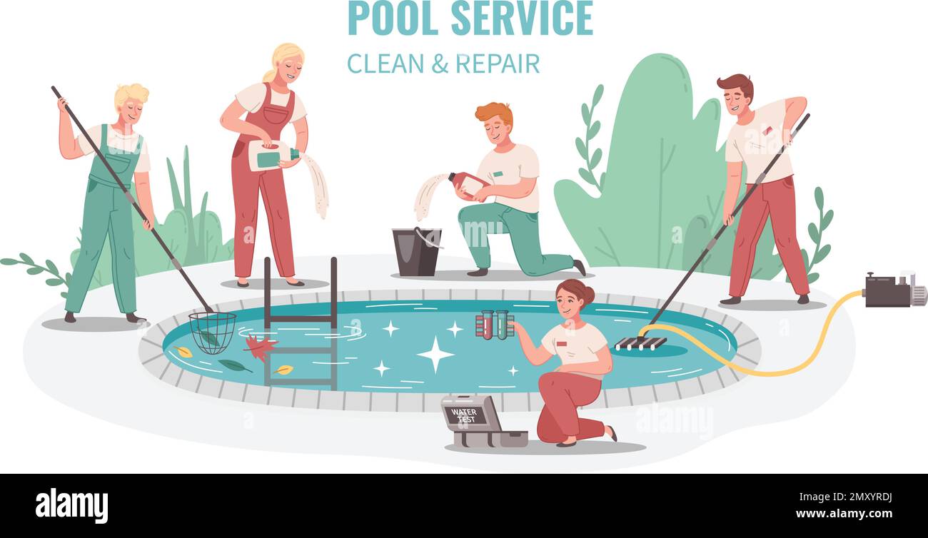Pool service clean and repair cartoon background depicting workers team ...