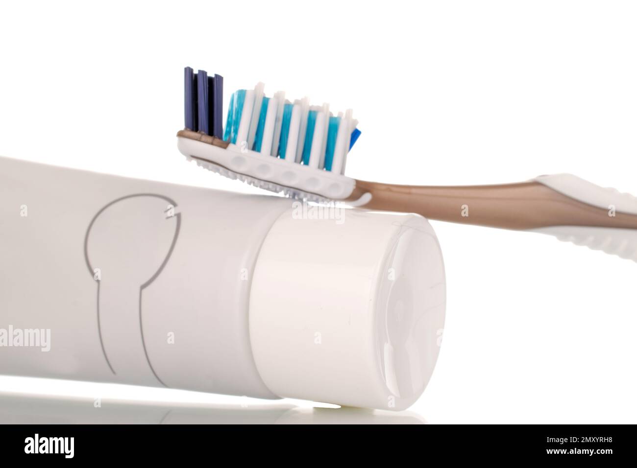 Oral care products, toothpaste and toothbrush, macro isolated on white ...