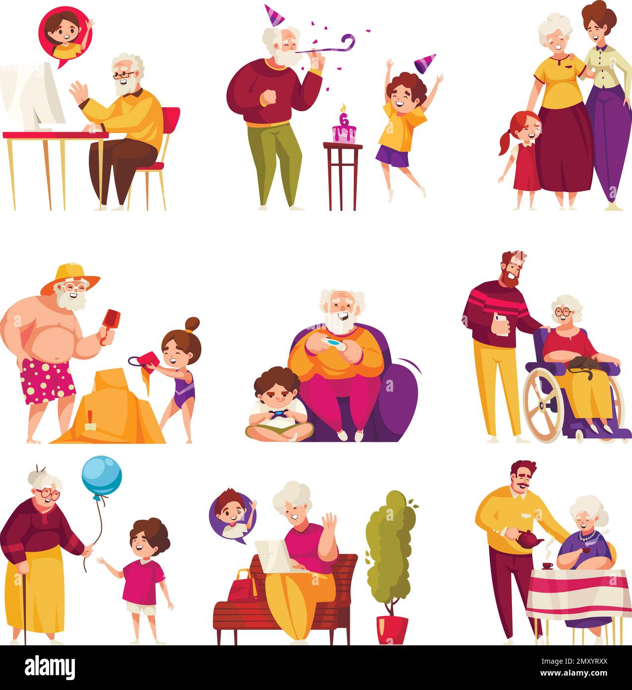 Senior relatives cartoon icons set with old people wieh younger family ...